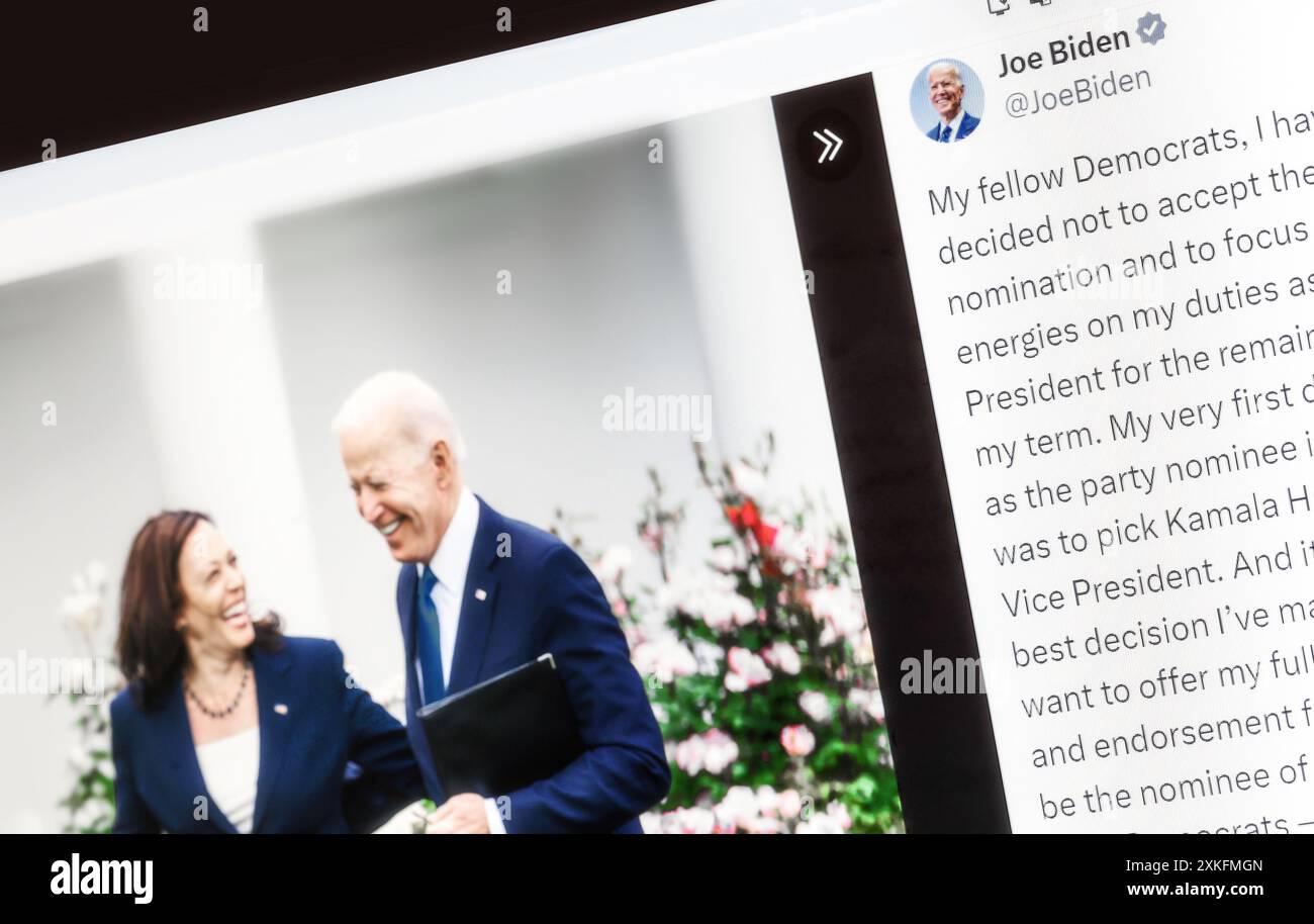 July 21, 2024 new Twitter post Joe Biden on computer screen. Kamala ...