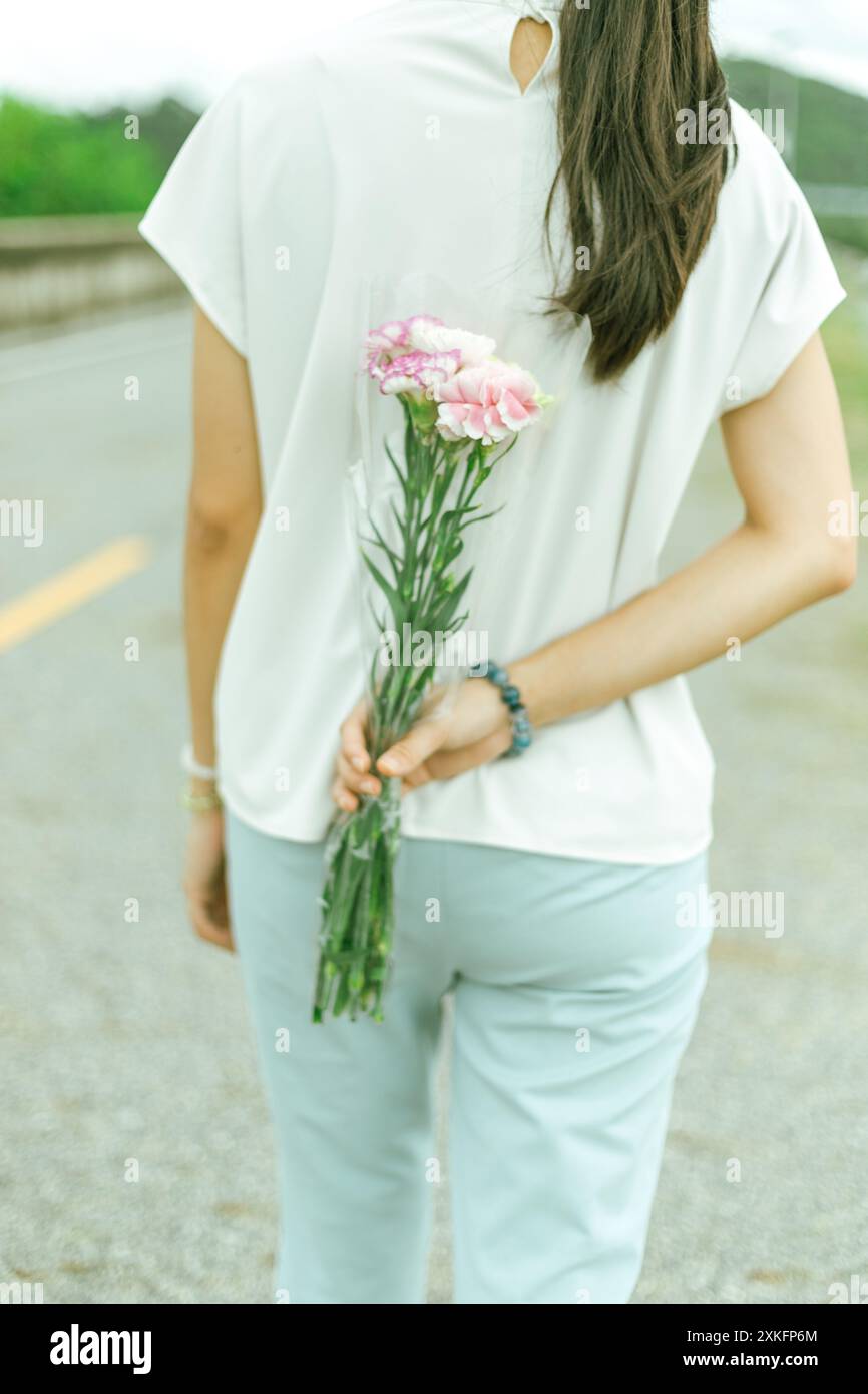 Close up woman hand hold carnation flowers on blur background Stock ...