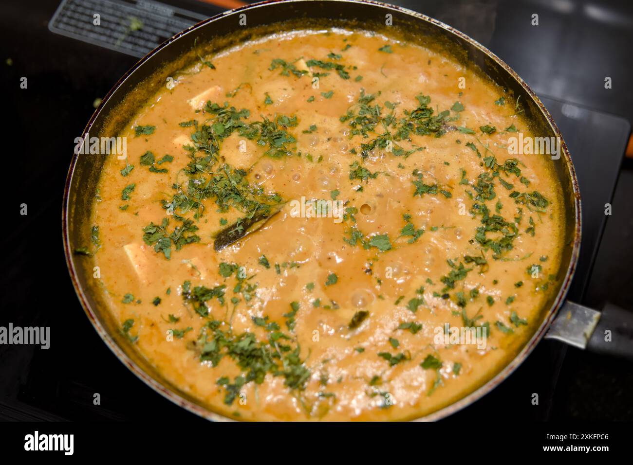 Aromatic Indian curry with paneer cheese, simmering in a pan, garnished ...