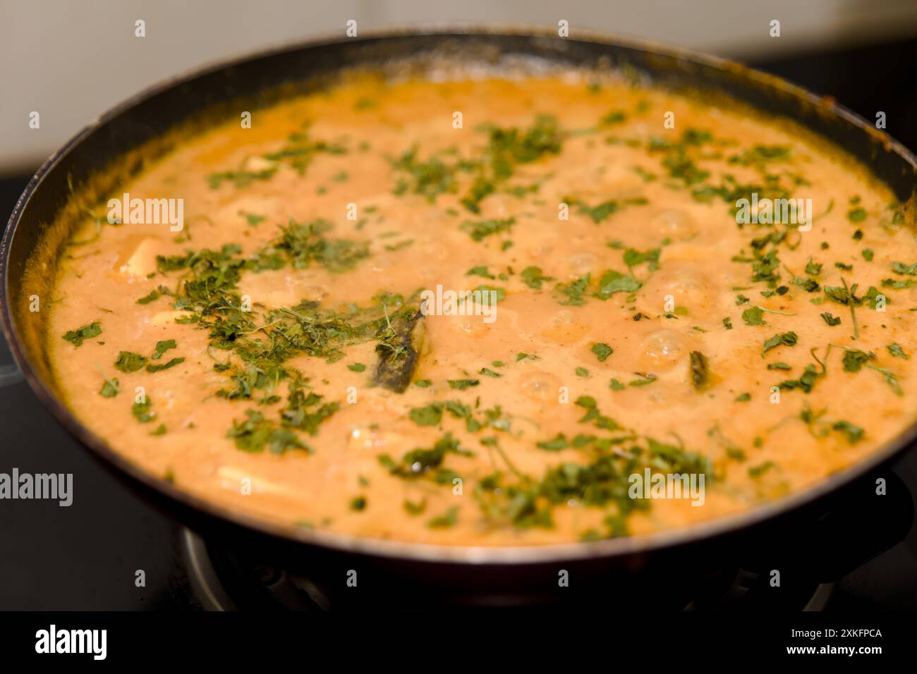 romatic Indian curry with fresh herbs, simmering in a pan. Rich ...