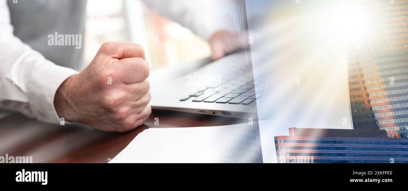 Angry businessman hitting his desk with his clenched fist; multiple ...