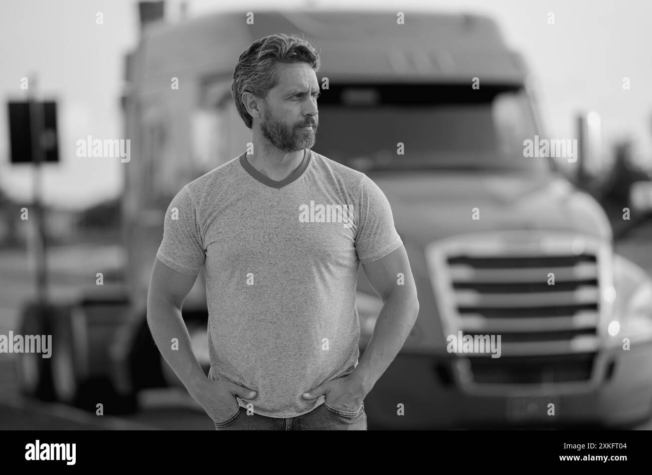 Men driver near lorry truck. Man owner truck driver. Millennial trucker ...