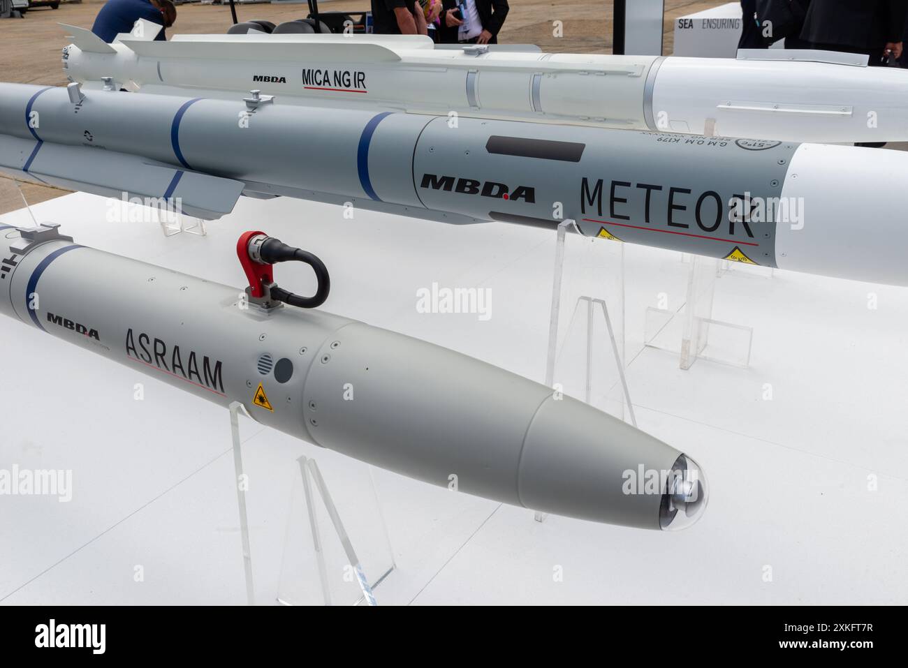 MBDA missile weaponry on display at Farnborough International Airshow 2024. Arms fair. ASRAAM ...
