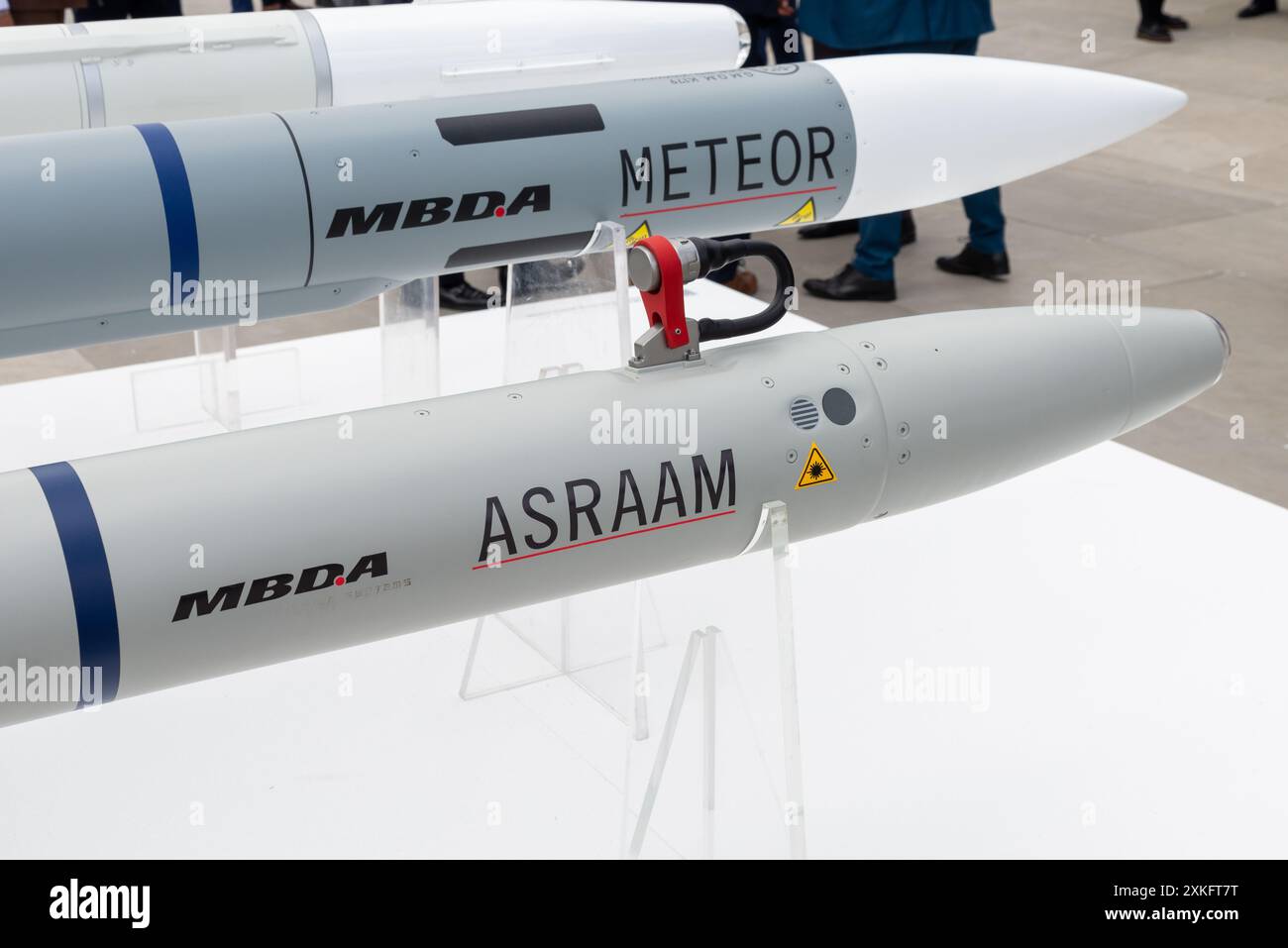 MBDA missile weaponry on display at Farnborough International Airshow 2024. Arms fair. ASRAAM ...