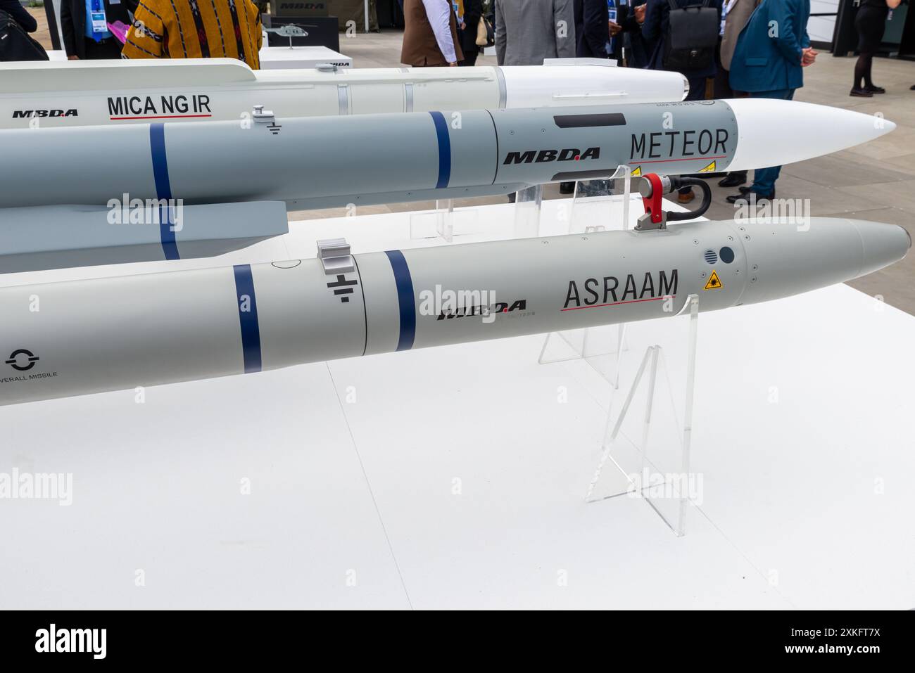 MBDA missile weaponry on display at Farnborough International Airshow 2024. Arms fair. ASRAAM ...