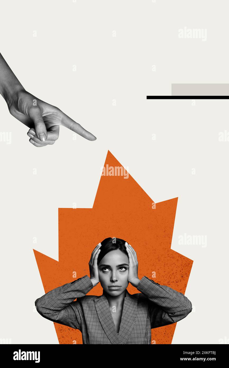 Vertical collage picture young lady employee suffer boss authority ...