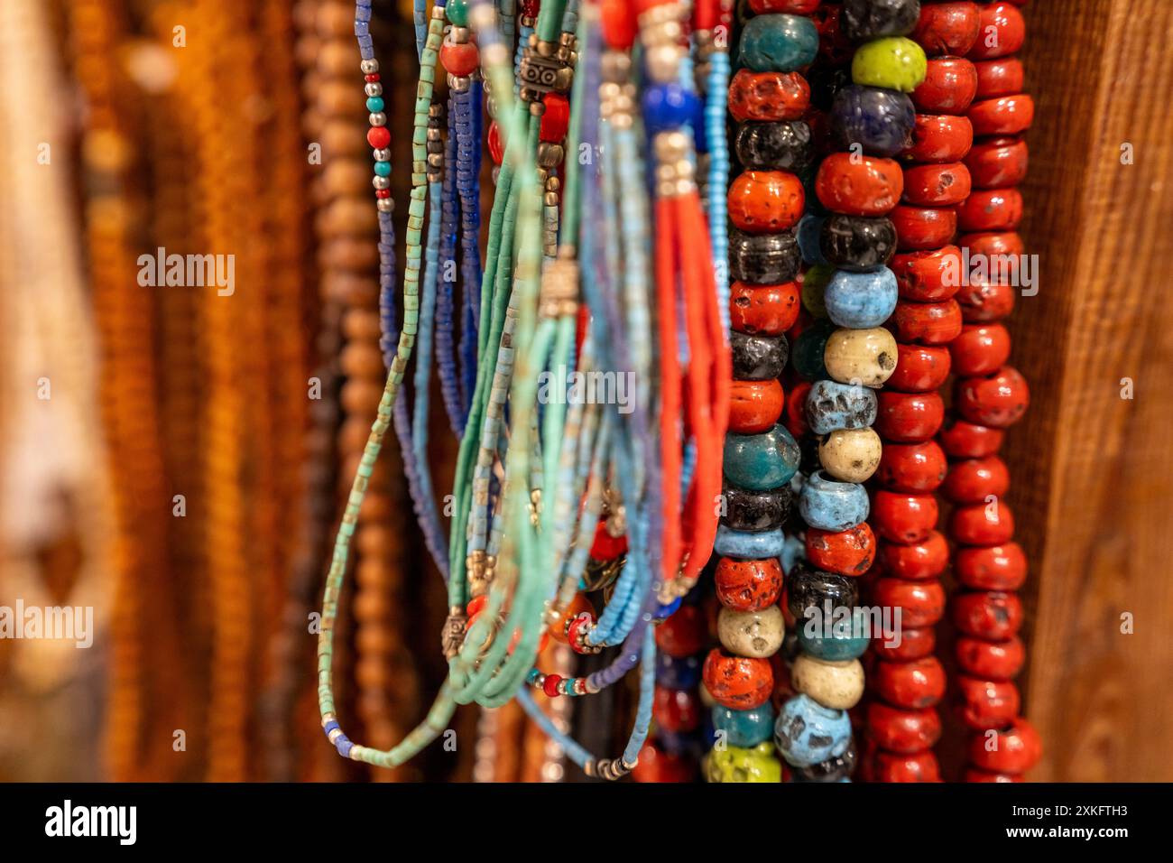 colorful bead necklaces, Indian and Moroccan, Granada, Andalusia, Spain ...