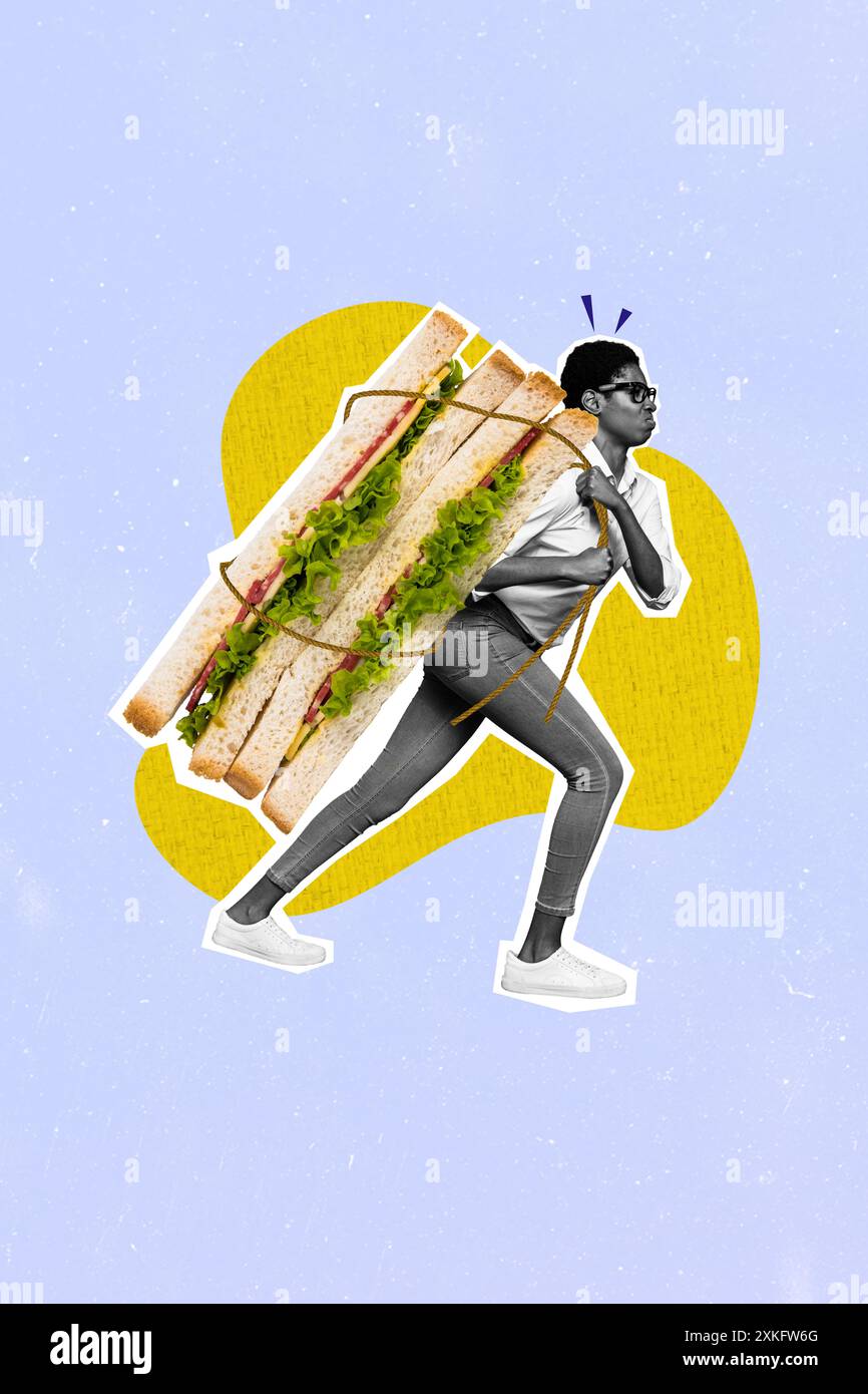 Vertical creative collage young persistent woman pull huge sandwich ...