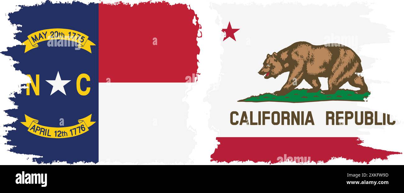 California and North Carolina states grunge brush flags connection ...
