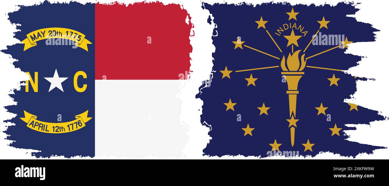 Indiana and North Carolina states grunge brush flags connection, vector ...