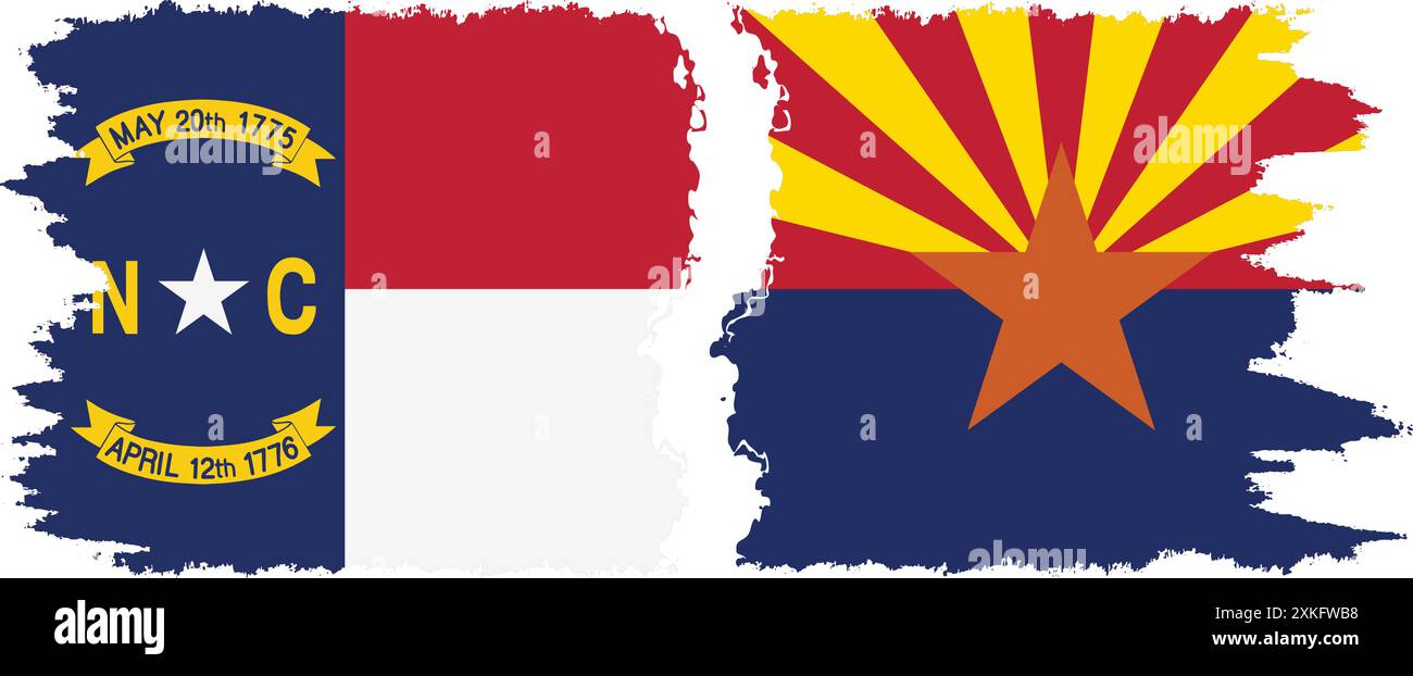 Arizona and North Carolina states grunge brush flags connection, vector ...
