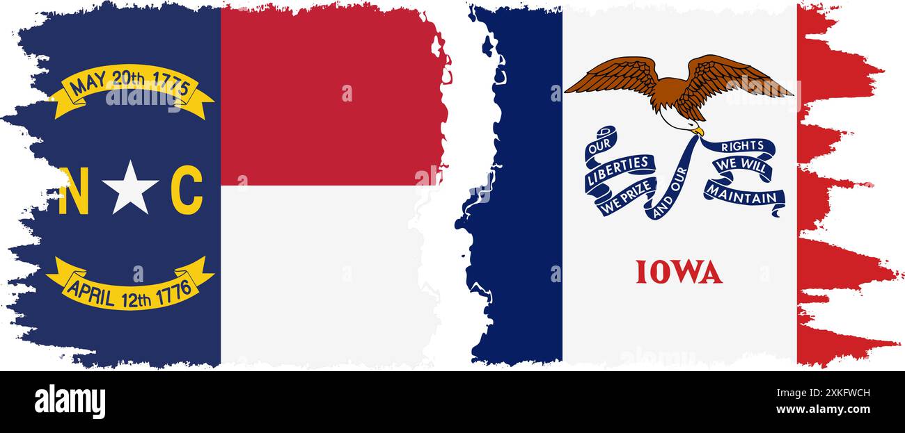 Iowa and North Carolina states grunge brush flags connection, vector ...