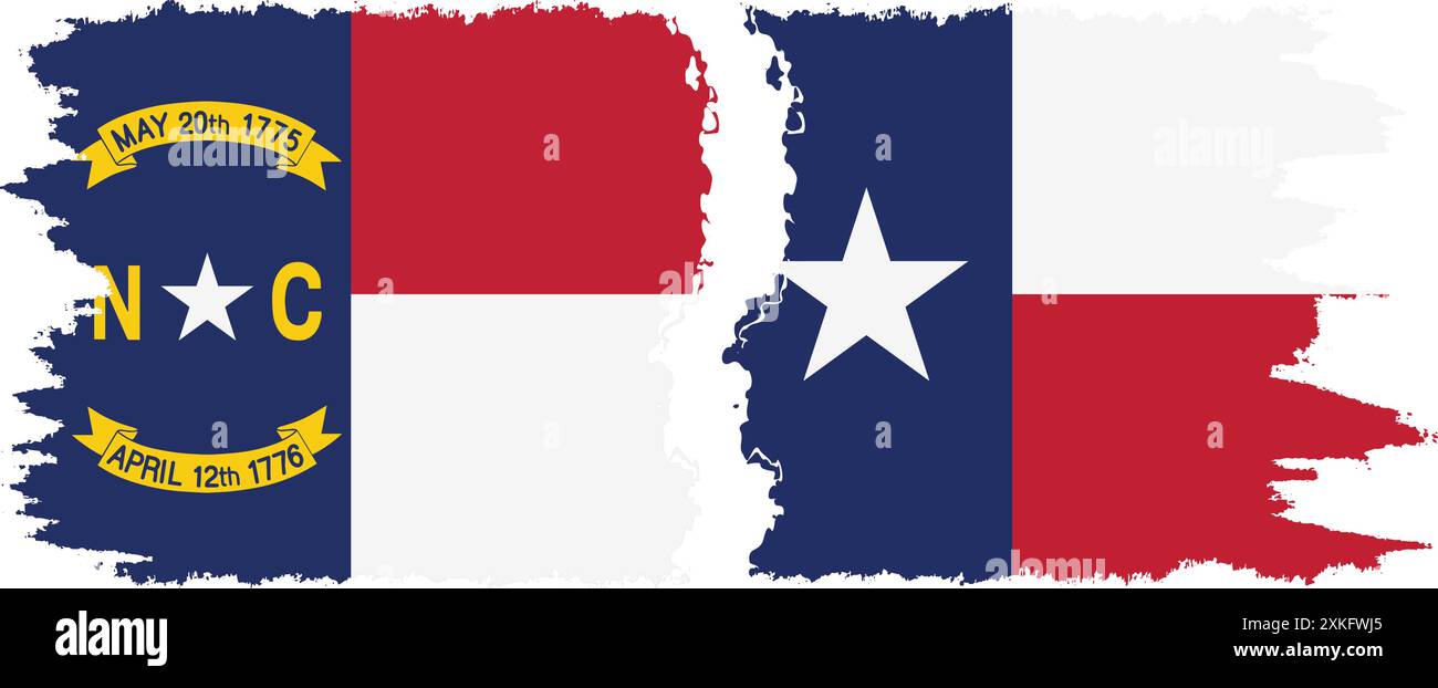 Texas and North Carolina states grunge brush flags connection, vector ...