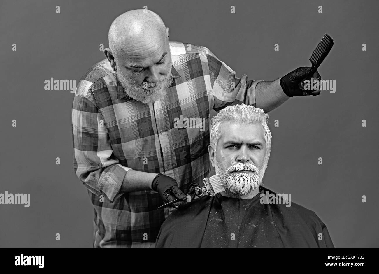 Hair coloring in gray color process. Hairdresser applying colorful tint ...