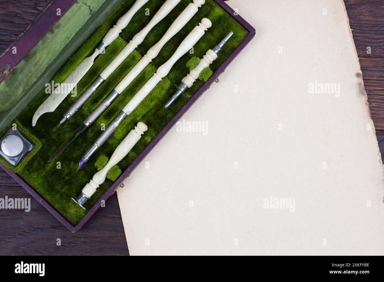 Vintage retro writing tools set in box Stock Photo - Alamy