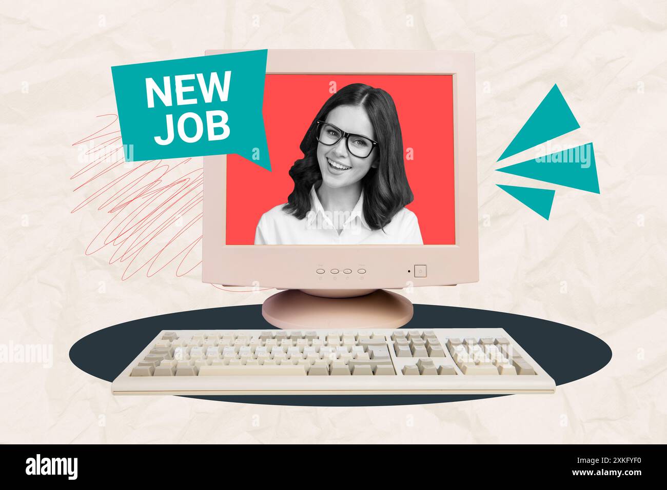 Composite photo collage of happy business girl peek monitor keyboard ...