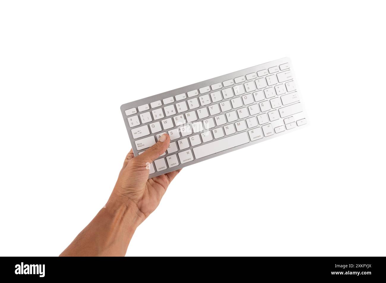 Male hand holding a white computer keyboard on white background Stock ...