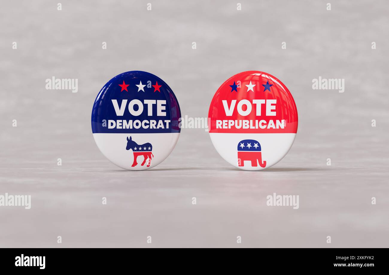 Two political campaign buttons promoting Democrat and Republican votes ...