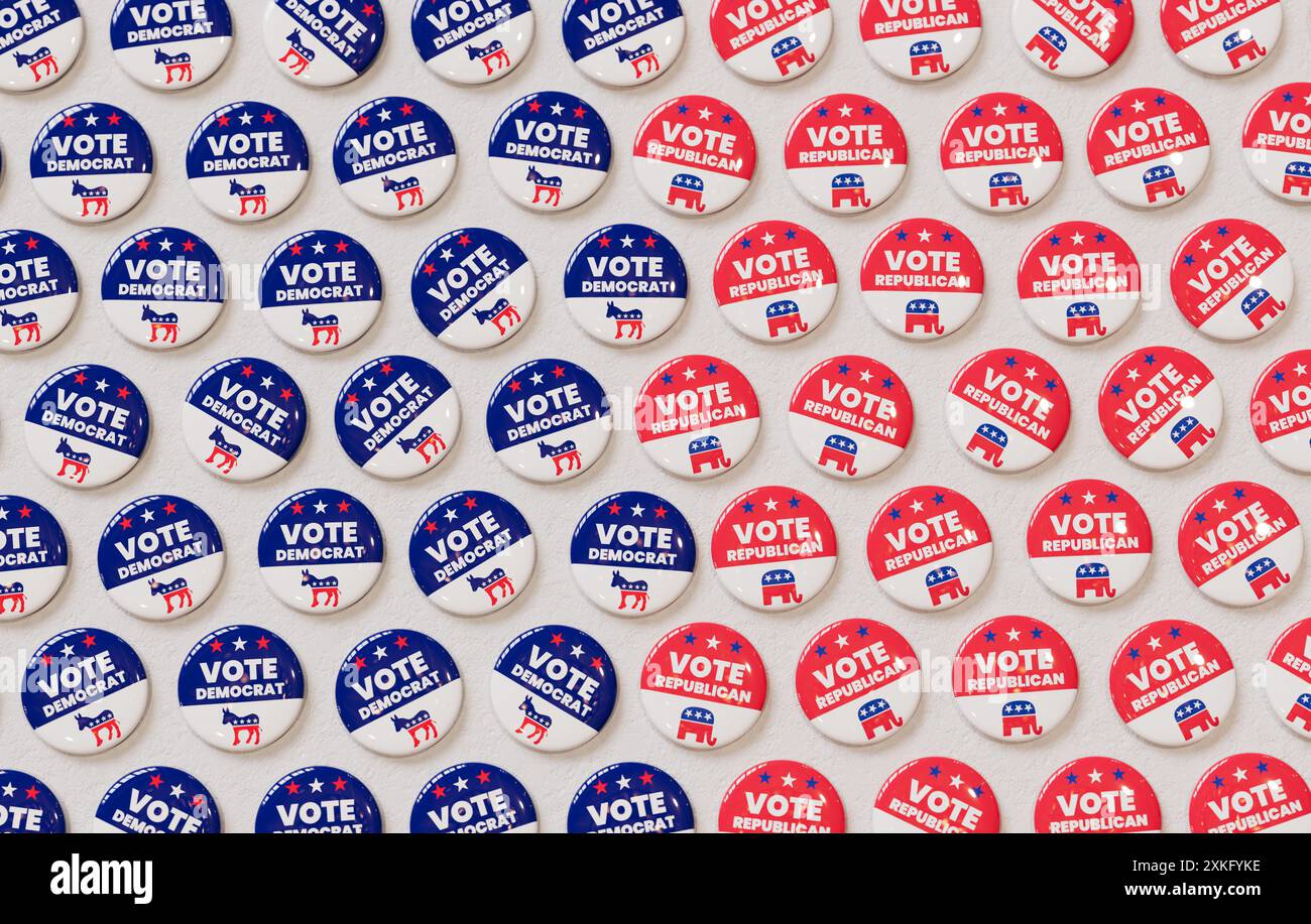 Pattern of Democrat and Republican vote buttons arranged on a surface ...