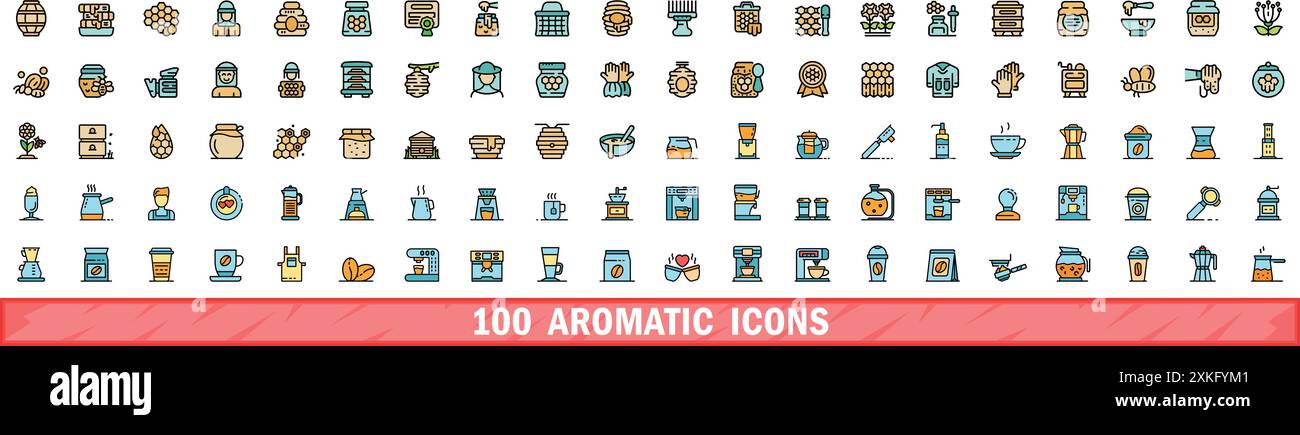 100 aromatic icons set. Color line set of aromatic vector icons thin ...