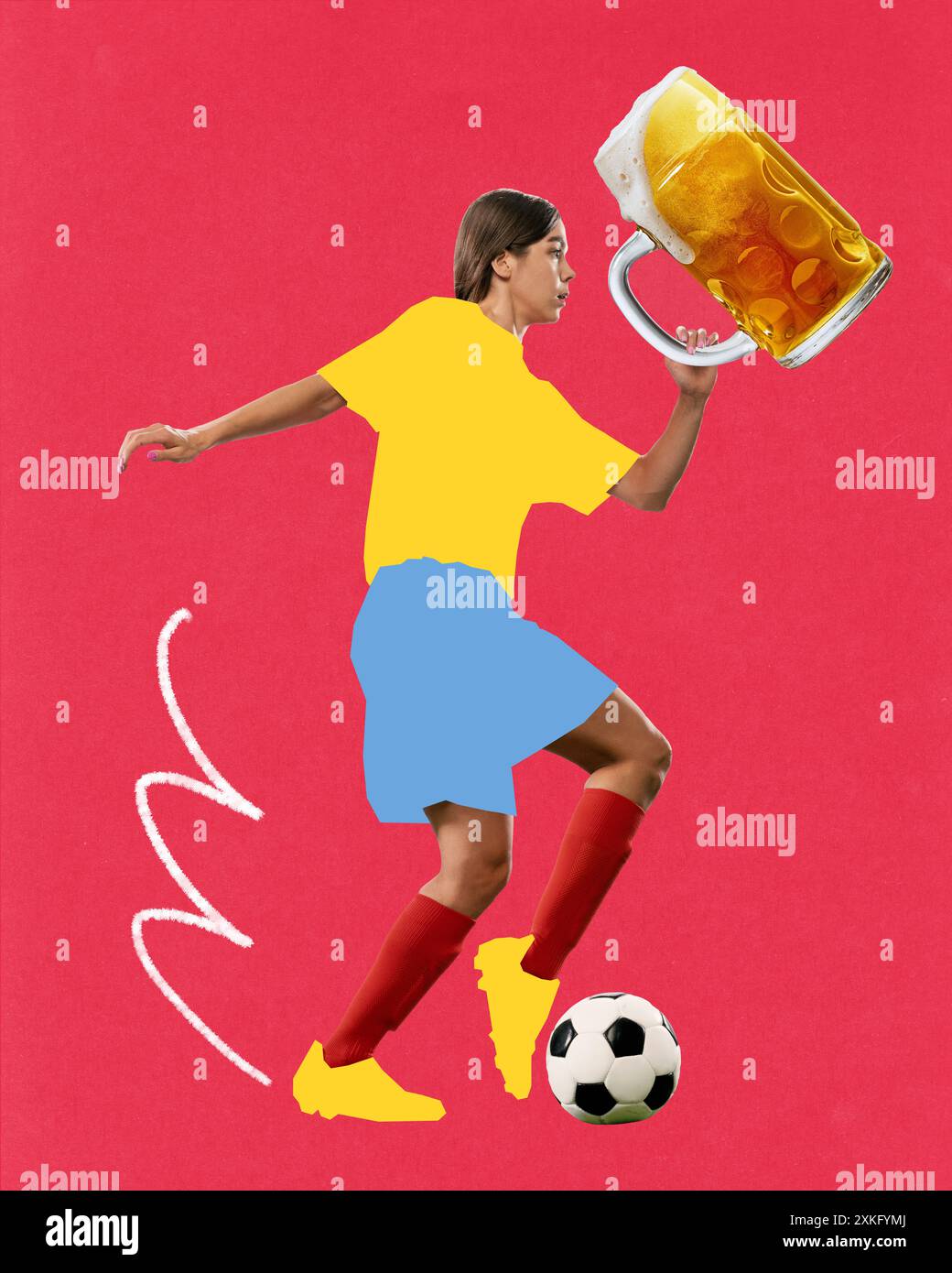 Poster. Contemporary art collage. Focused on game female soccer player ...