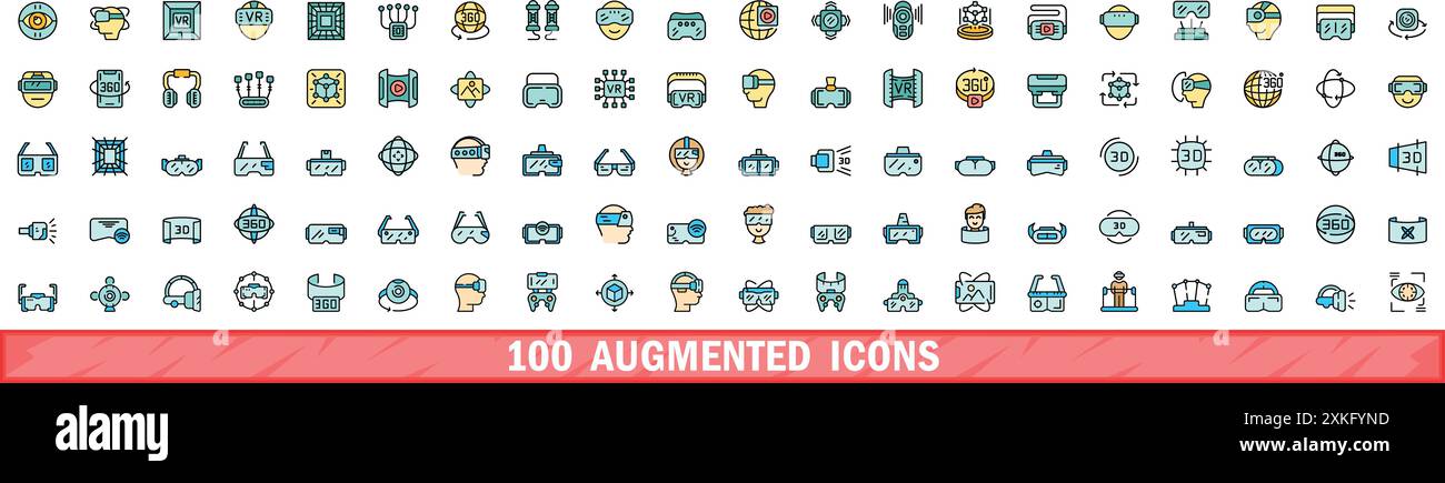 100 augmented icons set. Color line set of augmented vector icons thin ...