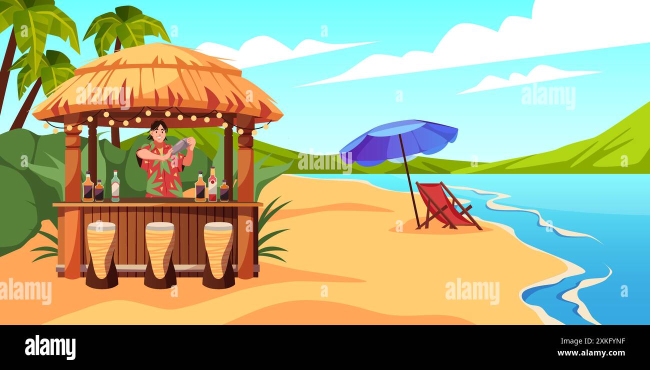 Tropical bar on beach. Bartender makes cocktails by sea, summer ...