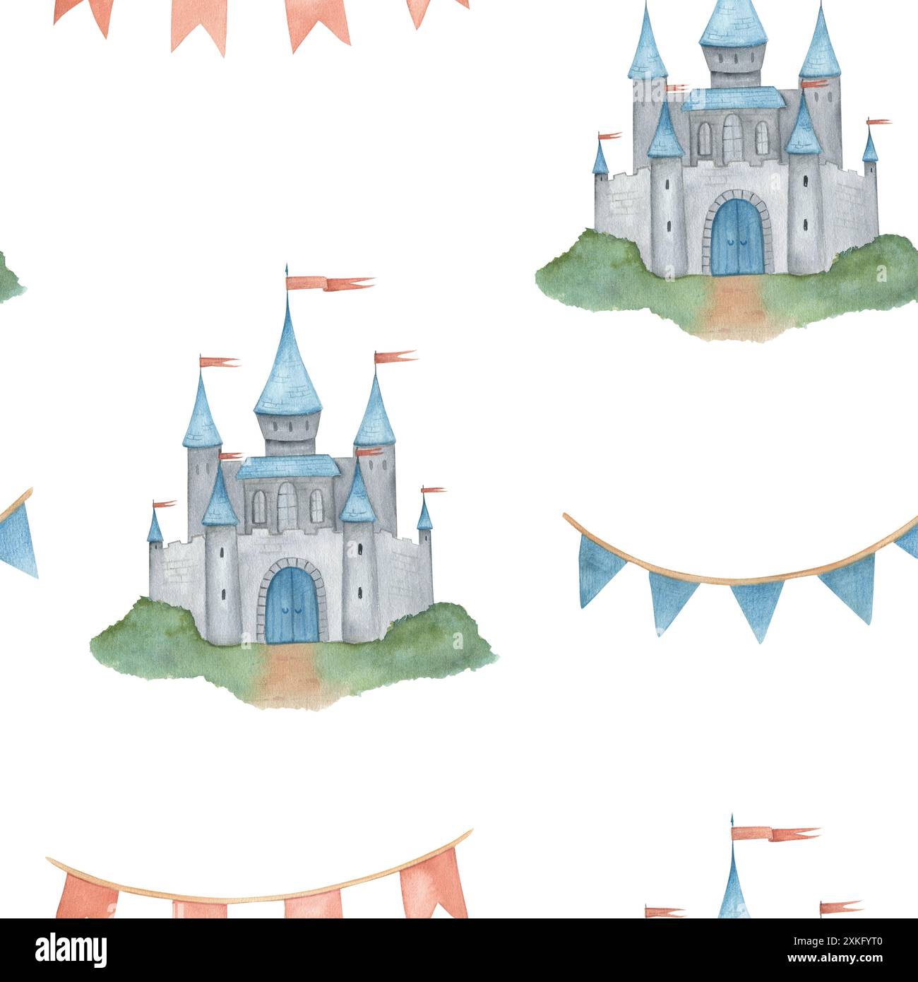 Seamless pattern with watercolor illustration of a garland of flags in ...