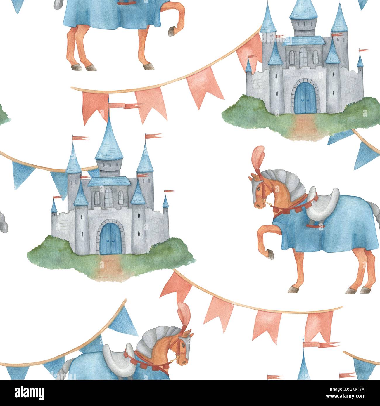 Seamless pattern with watercolor illustration of a garland of flags in ...