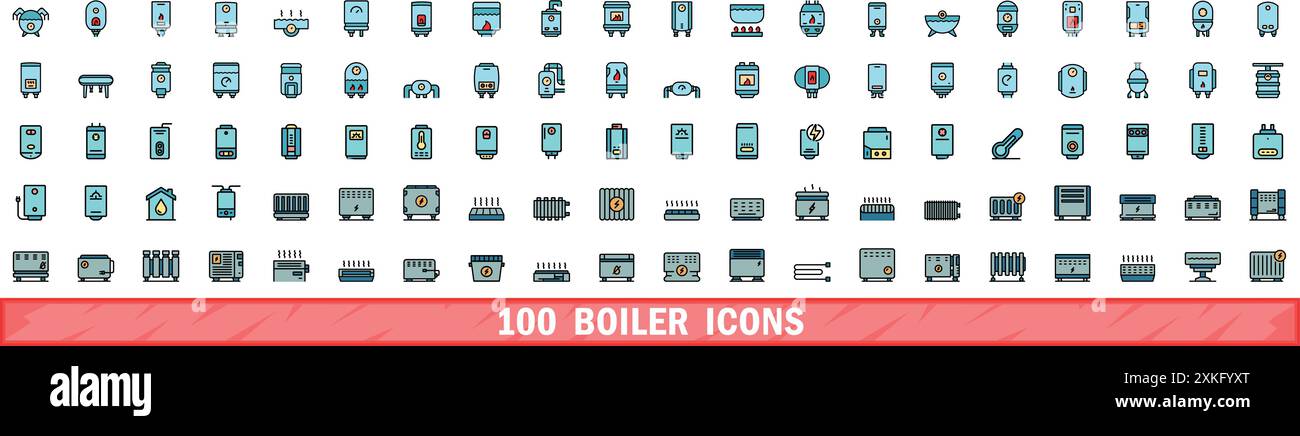 100 boiler icons set. Color line set of boiler vector icons thin line ...