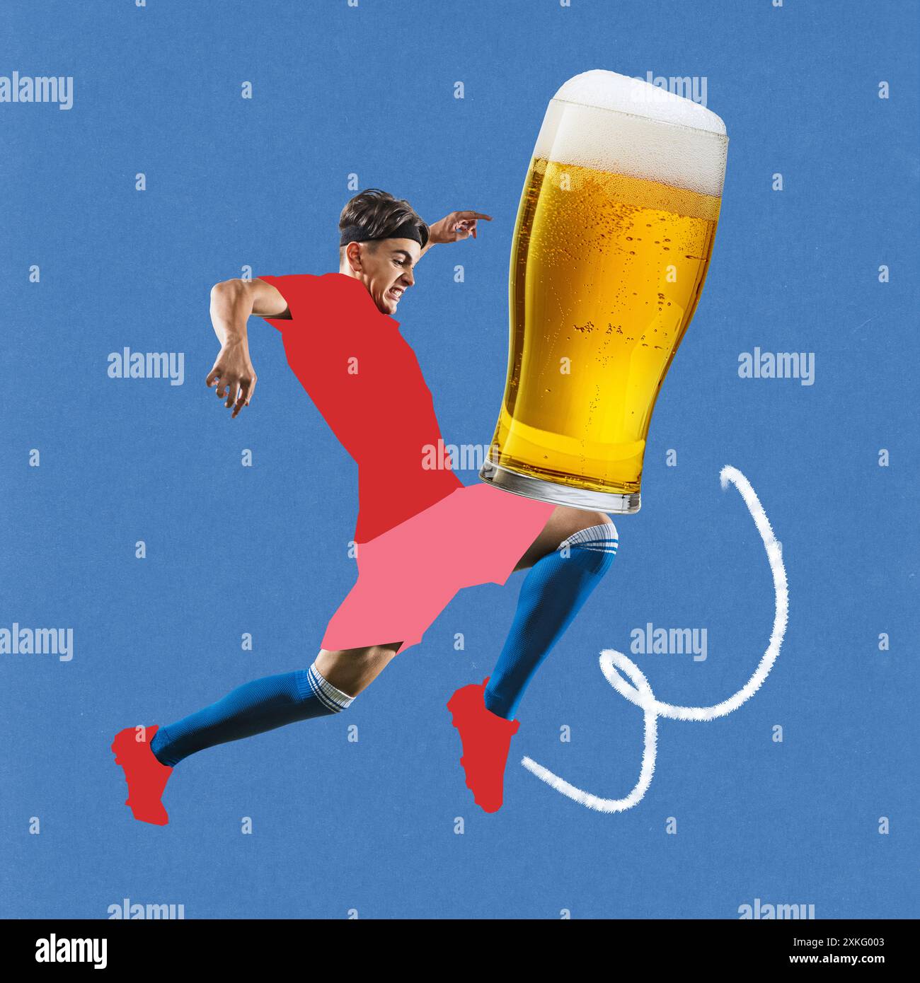 Poster. Contemporary art collage. Young soccer athlete kicks glass of ...