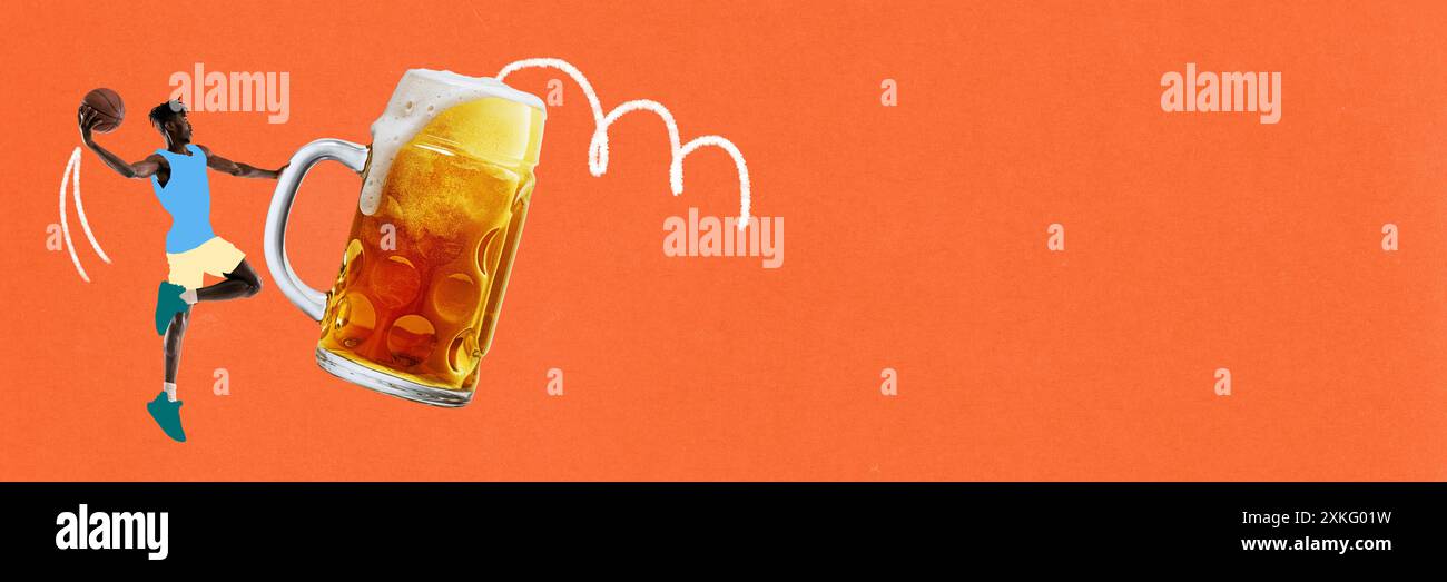 Banner. Contemporary art collage. Basketball player leaps towards giant ...