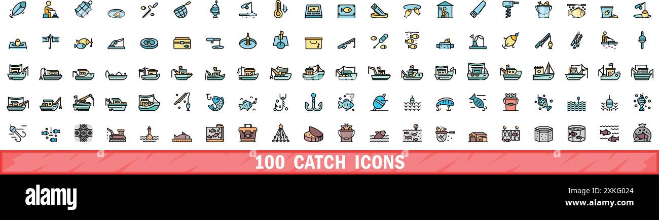 100 catch icons set. Color line set of catch vector icons thin line ...
