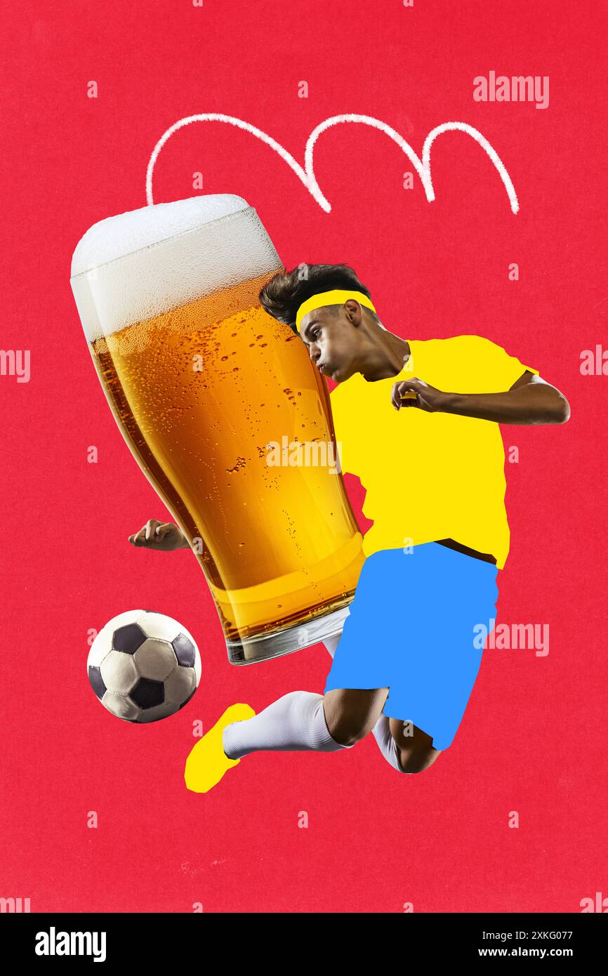 Poster. Contemporary art collage. Soccer player heads giant beer glass ...