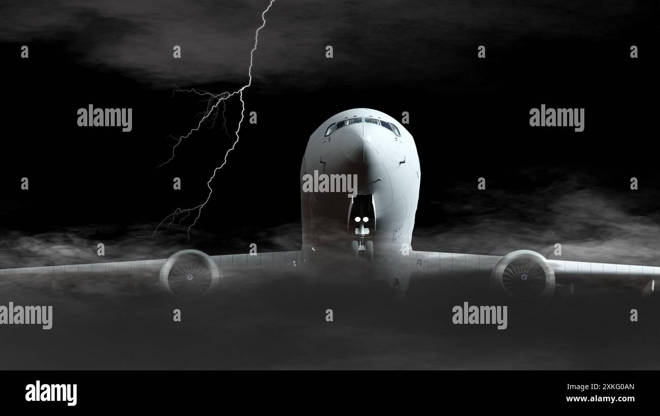 a commercial airliner takes off at night during a thunderstorm and ...