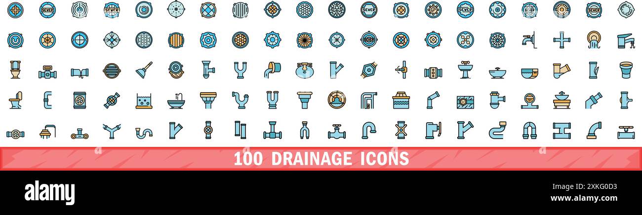 100 drainage icons set. Color line set of drainage vector icons thin line color flat on white ...