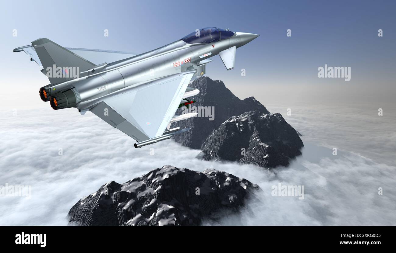a fighter jet flies at high altitude over a mountain range Stock Photo ...