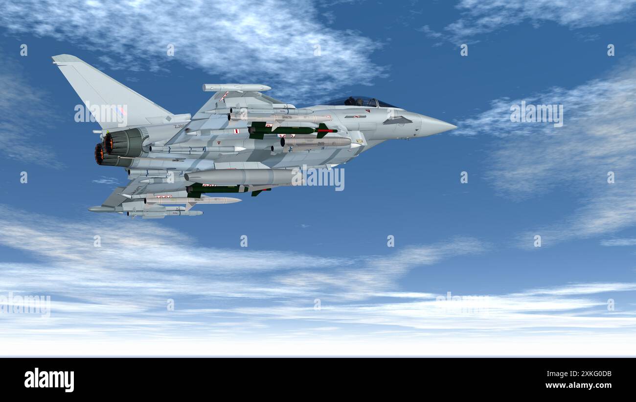 a fighter jet at high altitude against a blue, slightly cloudy sky ...