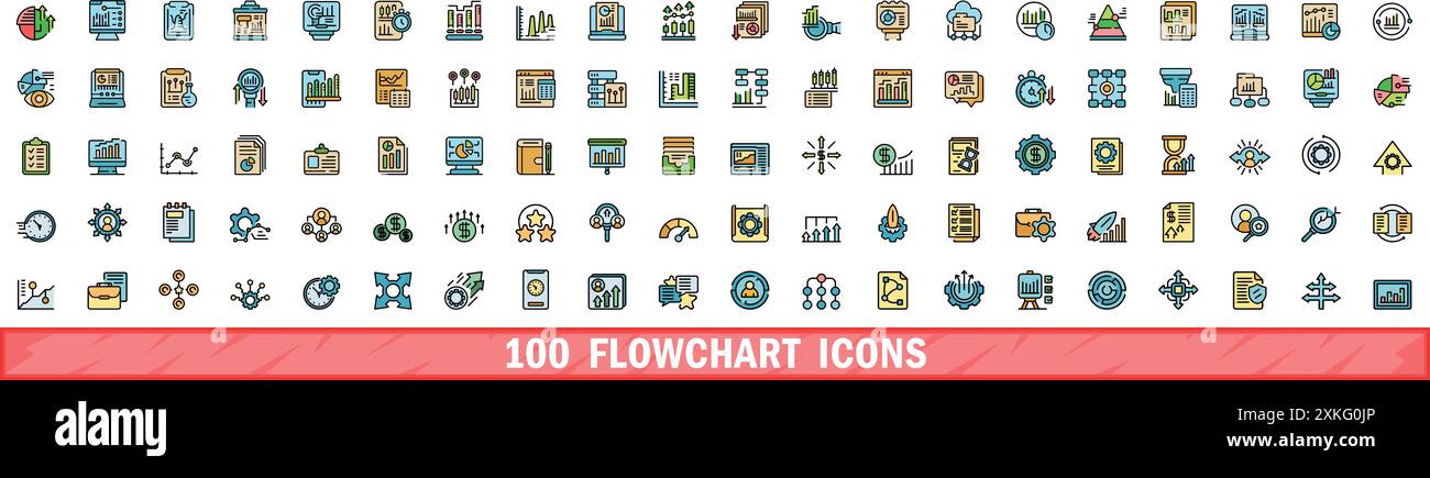 100 flowchart icons set. Color line set of flowchart vector icons thin ...