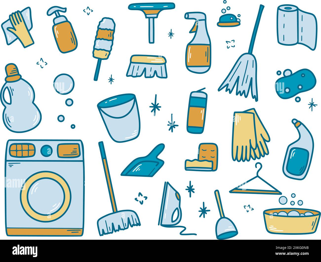 Laundry and house cleaning supplies doodle with bright colors on white ...