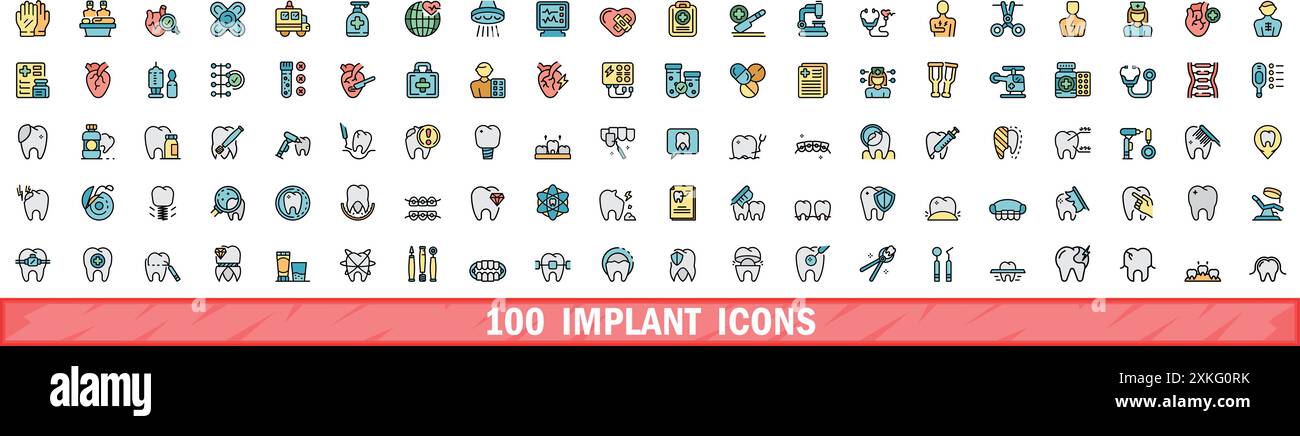 100 implant icons set. Color line set of implant vector icons thin line ...