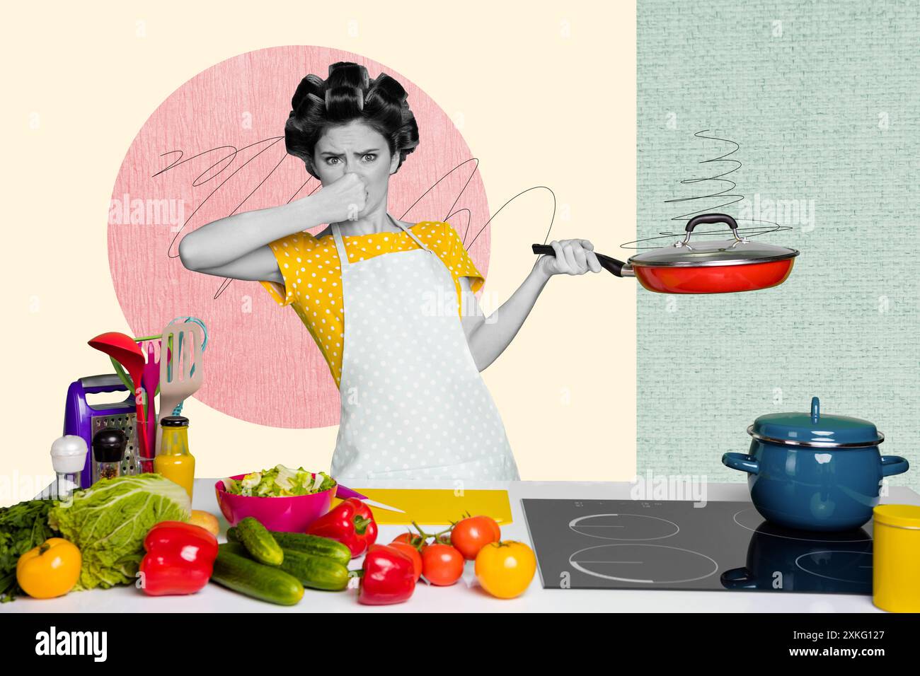 Creative collage poster young woman bad smell aroma frying saucepan ...