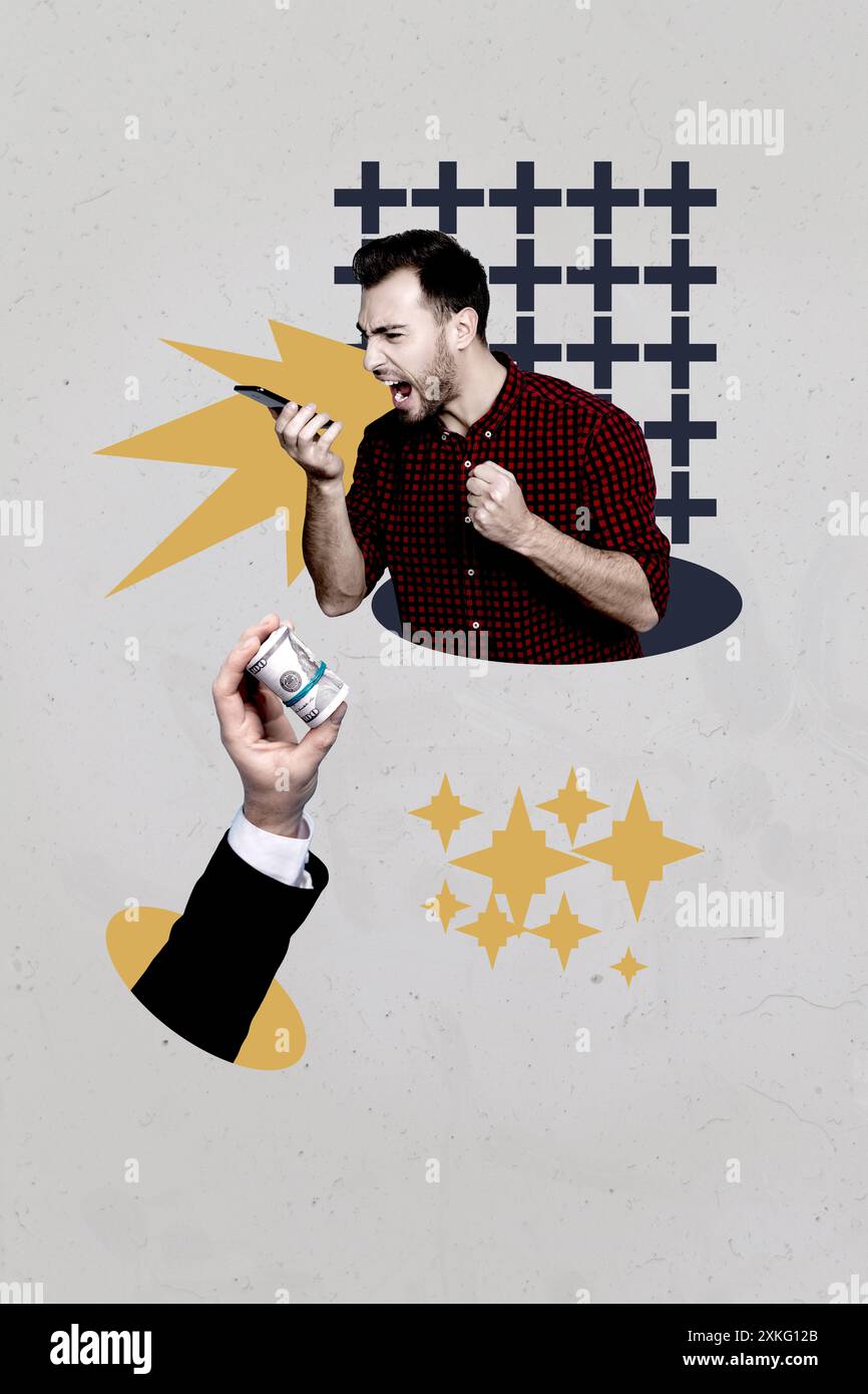 Photo collage artwork minimal picture of angry furious guy screaming ...