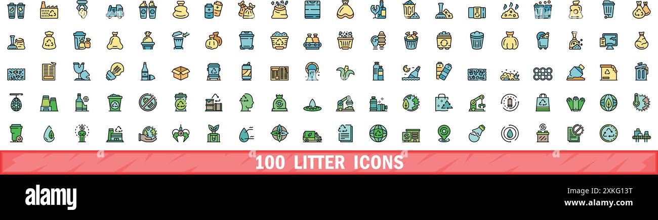 100 litter icons set. Color line set of litter vector icons thin line ...