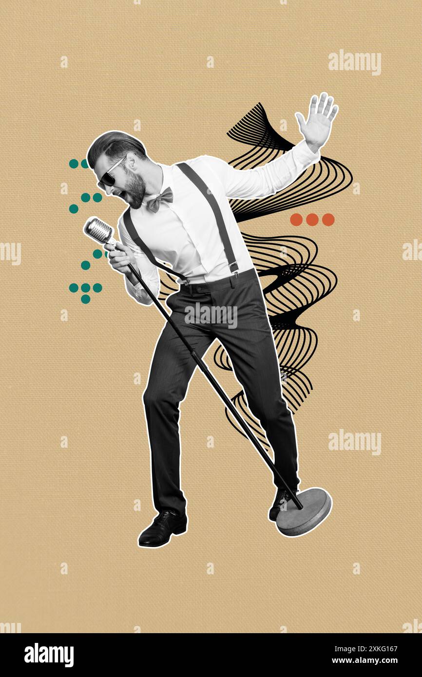 Collage creative drawing sketch of excited singer man sing over pastel ...