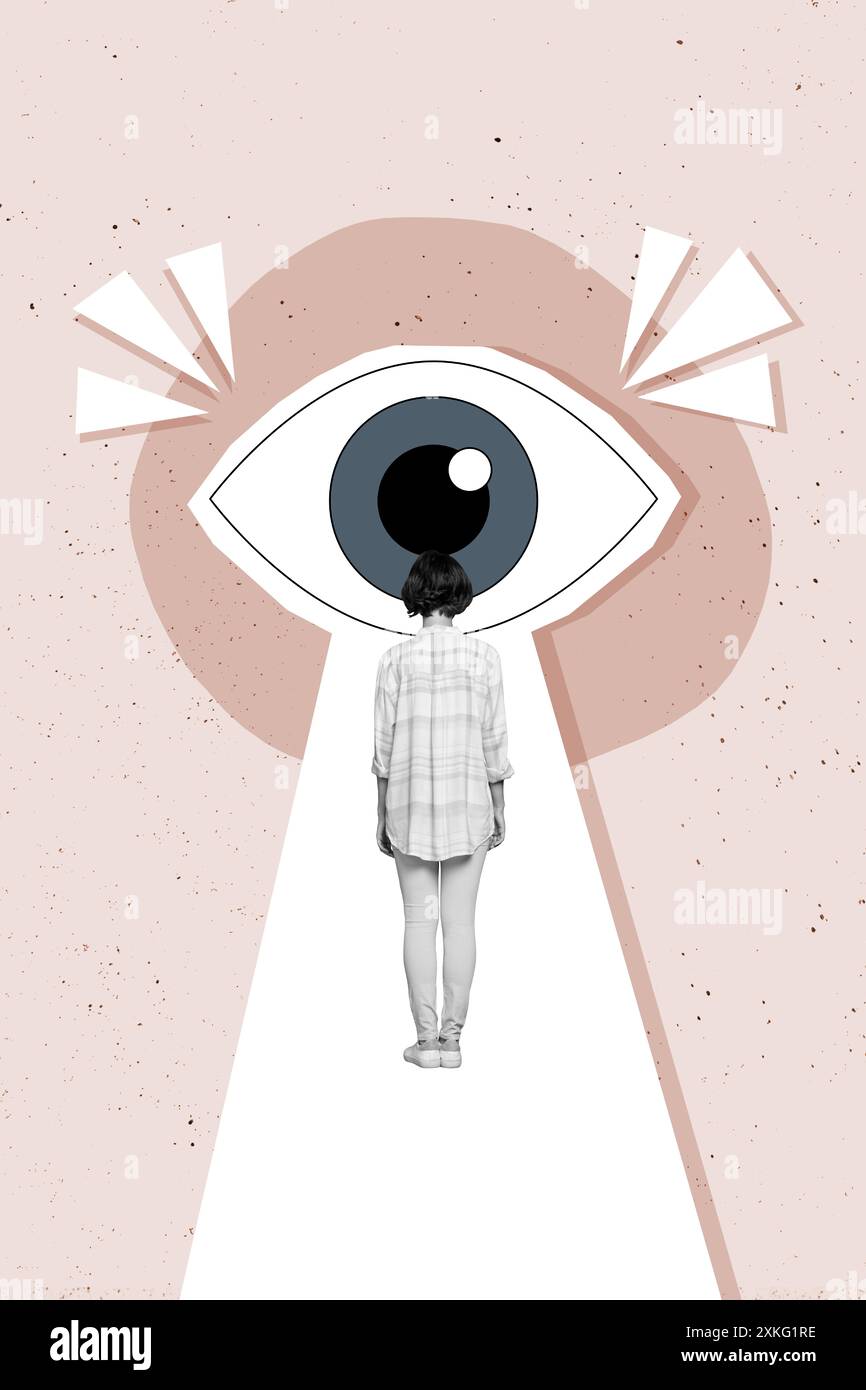 Vertical photo collage of anonym girl stand back look big eyeball ...
