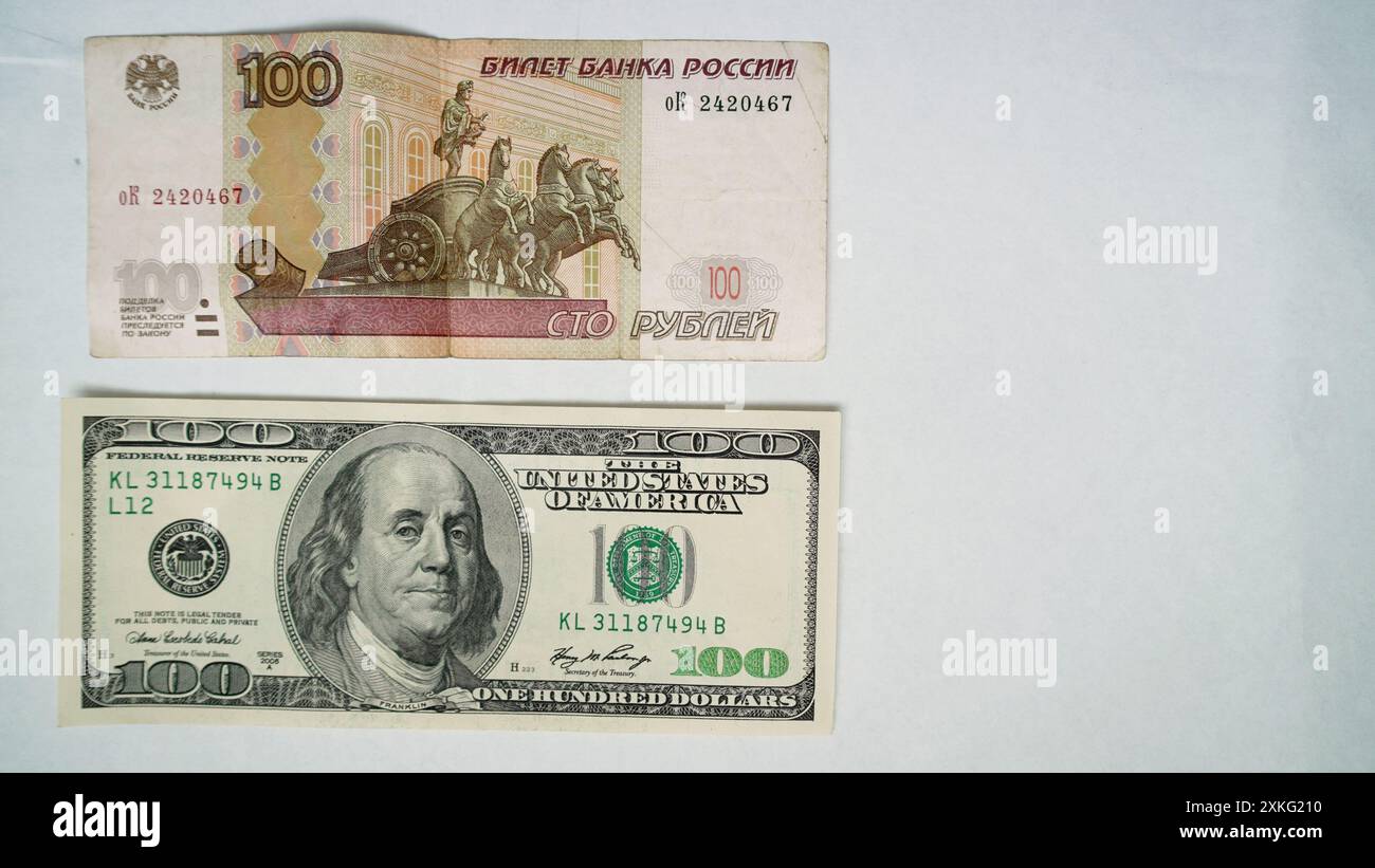 100 dollar bill and 100 ruble bill Stock Photo - Alamy
