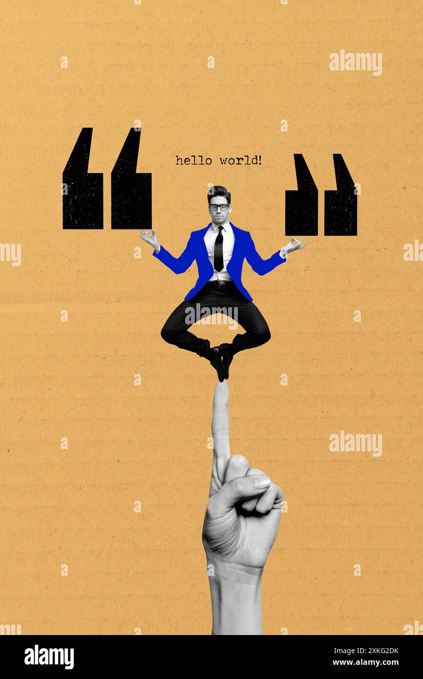 Vertical poster collage young handsome entrepreneur levitate human arm ...