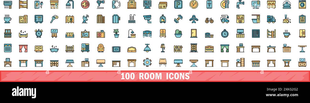 100 room icons set. Color line set of room vector icons thin line color ...