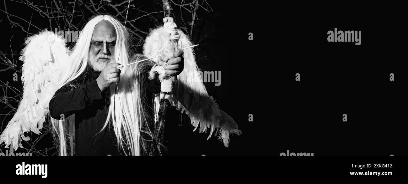 Halloween people in angel costume. Angel man with feather white wings ...